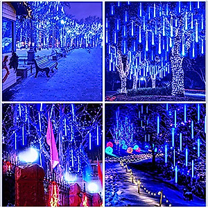 Aluan Christmas Lights Meteor Shower Rain Lights 10 Tube 240 LED 12 Inch Waterproof Plug in Falling Rain Fairy String Lights for Halloween Christmas Holiday Party Home Patio Outdoor Decoration, Blue