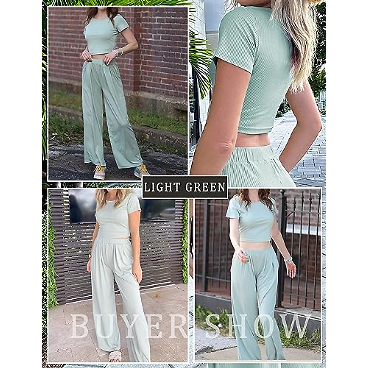 Ekouaer Lounge Sets Womens Pajama Set Short Sleeve Crop Top Loose Wide Leg Pants Casual Loungewear Set,Light Green,L