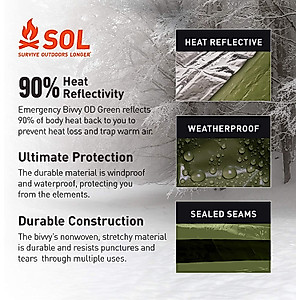 Survive Outdoors Longer 90% Emergency Bivvy - Comes with Survival Whistle & Tinder Paracord Drawstring - Add to Emergency Kit & Hiking Gear - Waterproof, Windproof & Tear-Resistant - 3.8 oz, Green