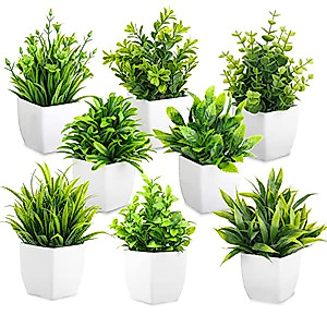 LELEE Artificial Plants Mini Fake Potted Plants, 8 pcs Small Eucalyptus Potted Faux Decorative Grass Plant with White Pot for Home Decor, Indoor, Office, Desk, Shelf, Table Decoration