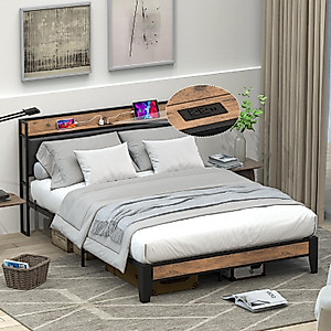 BUCOTOD Bed Frame with Storage Headboard, Built-in Charging Station, Easy Assembly, Noise Free, Non-Slip Design, Sturdy and Stable, No Box Spring Needed, Heavy Duty Metal Support Bed Frame-QUEEN99