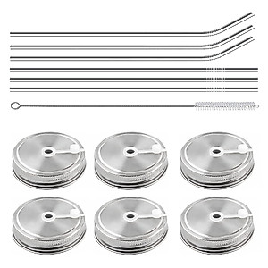 6pcs pack wide mouth mason jar lids with straw hole, including 6pcs straws and 1pcs cleaning brush, Mason Jar Lids With Straw Hole, Mason Jar Lids, stainless steel 304 Mason Jar Straw Lids