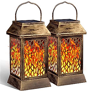Walensee Solar Lights Outdoor With Flickering Flame (2 Pack Bronze) Upgraded Metal Solar Powered Lanterns Landscape Decoration Hanging Lighting Waterproof LED Umbrella Light for Patio Garden Deck Yard
