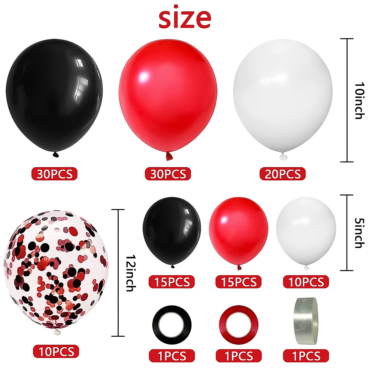 YOYOWY 133 pcs Red Black and White Latex Balloons, Black Red Confetti Balloons Garland Arch Kit for Birthday Baby Shower Party Wedding New Year Decorations