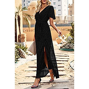 PRETTYGARDEN Women's Summer Maxi Glitter Dress Wrap V Neck Ruffle Sleeve Cocktail Party Long Dresses with Slit (Black,Small)