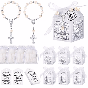 100 Pieces Baptism Favors Set Includes 25 Pieces Mini Rosary 25 Pieces Laser Cut Baptism Favor Boxes 25 Pieces White Organza Bags and 25 Pieces Thank You Tags for Party Wedding (Silver)