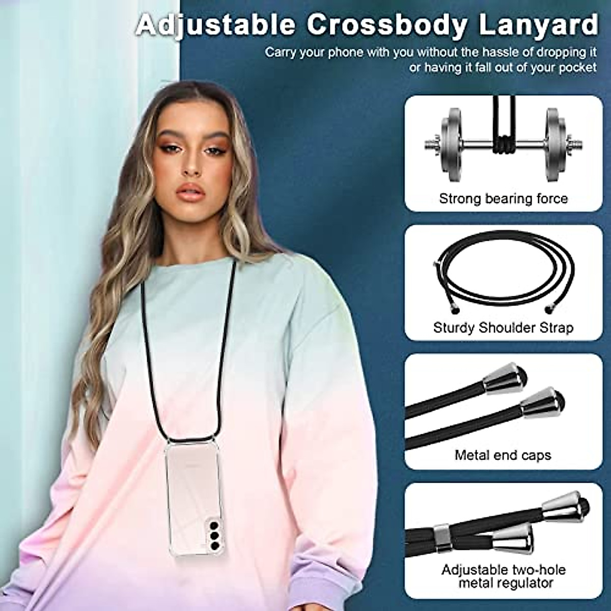 Vauki Crossbody Case for Samsung Galaxy S22 5G Clear Silicone Phone Case for Samsung S22 5G 6.06" with Lanyard Neck Cord Strap, Soft TPU Shockproof Protective Transparent Cover Case - Black Necklace