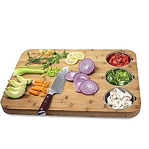 Versachop Trio, Extra Large 22 X 16 inch Cutting Boards for Kitchen, Butcher Block - Totally Natural Organic Moso Bamboo board with three Stainless Steel Bowls attached for easy chopping