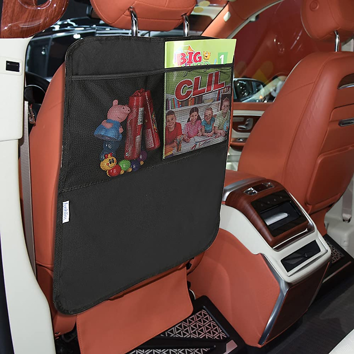 funbliss Duty Kick Mats(2 Pack),Back Seat Protector for Kids,Premium Waterproof Fabric, Reinforced Corners to Prevent Sag,2Reinforced Storage Pockets,Universal Fit,Black