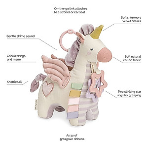 Itzy Ritzy Bitzy Bespoke Link & Love Activity Toy for Stroller - Baby Car Seat Toy for Infants & Up, Features Crinkle Sounds, Clinking Rings, Grosgrain Ribbons & Textured Materials (Dinosaur)