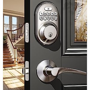 Veise Keyless Entry Door Lock with 2 Lever Handles - Electronic Keypad Deadbolt, Auto Lock, Back Lit & Easy Installation Design, Front Door Handle Sets, Satin Nickel