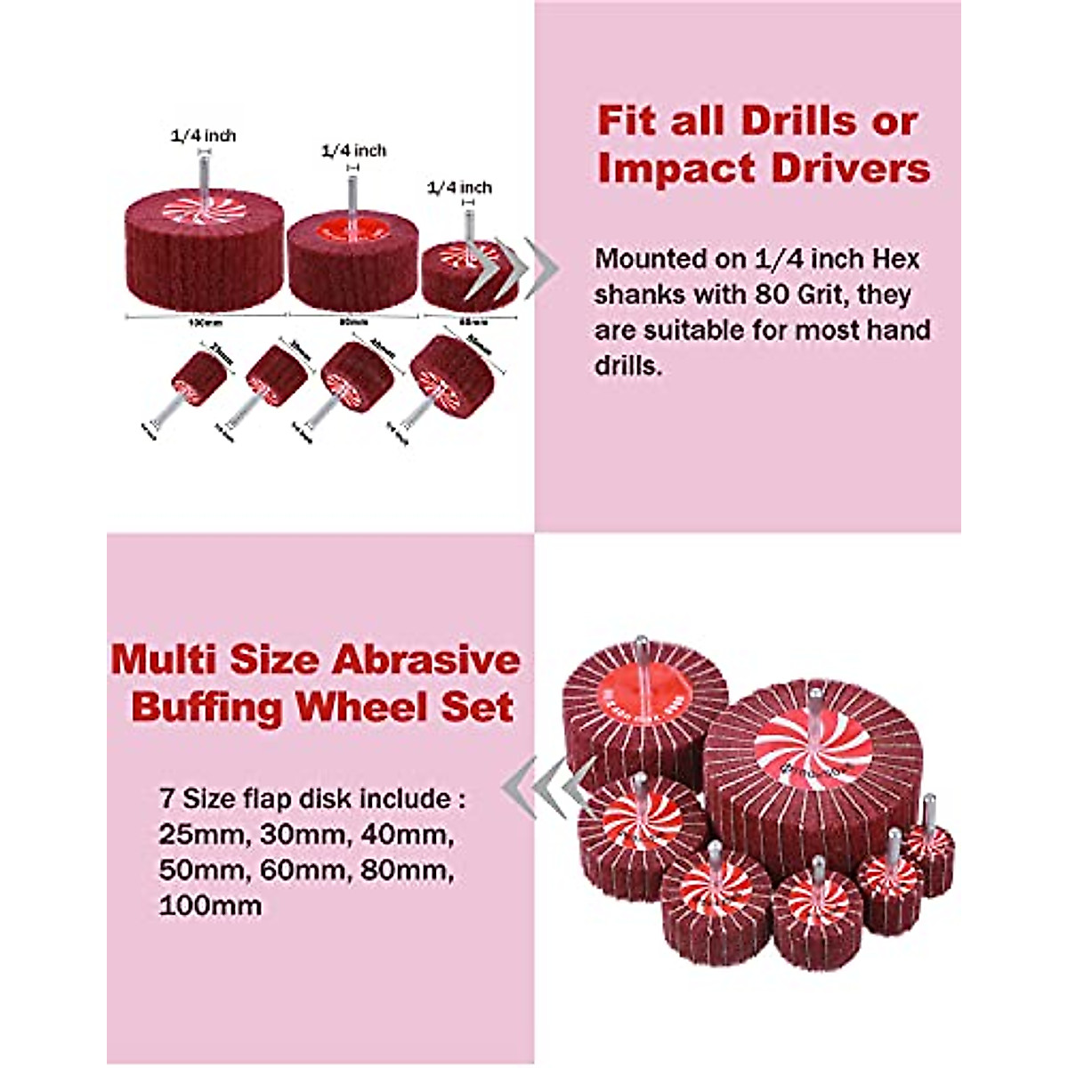 14 Pack Rocaris Buffing Flap Wheels - 7 Size Flap Disk - 1/4 Inch Shanks Fit All Drills - 80 Grits