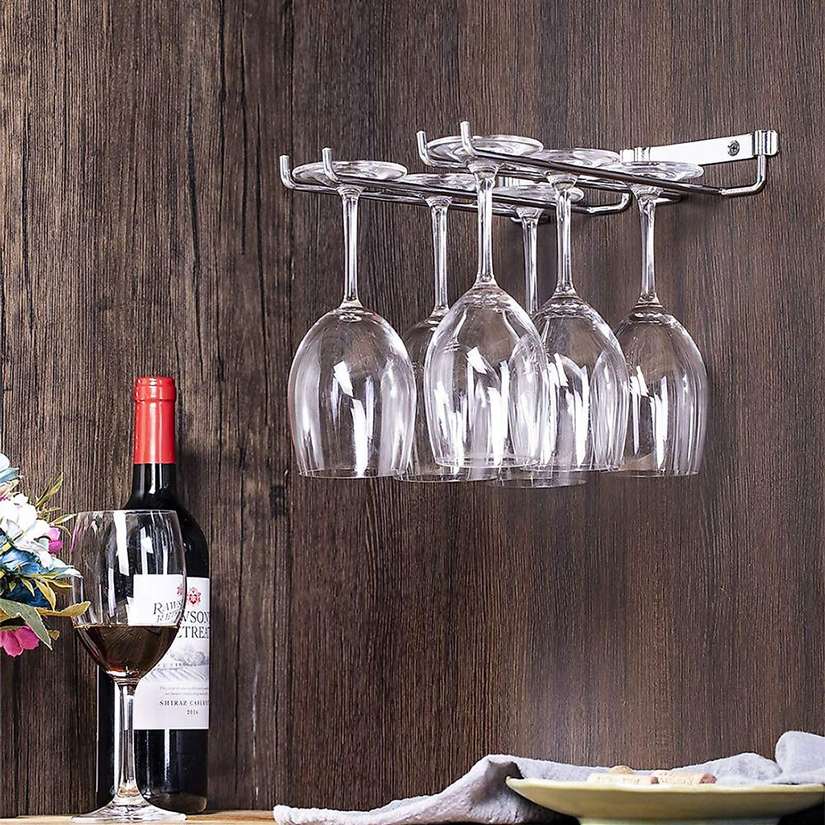 Stemware Wine Glass Rack Wall Mountable Heavy Duty Thick Wrought Exquisite silver chrome 2 Rows 10.2 Inch Deep,Metal Storage Hanger for Kitchen or Bar