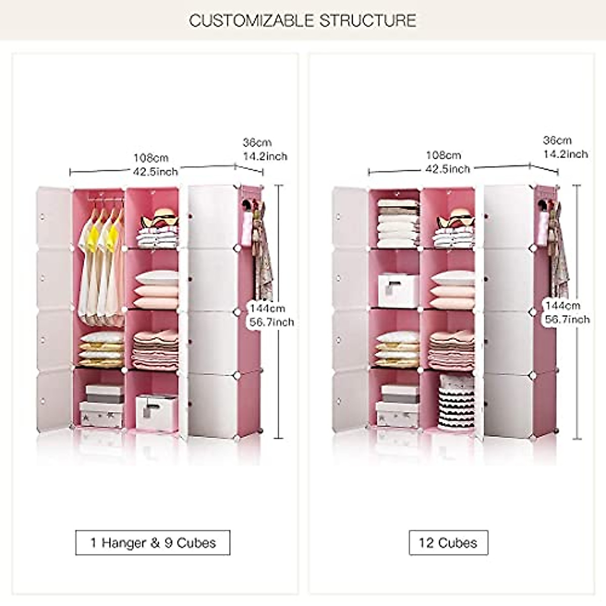 YOZO Cube Storage Organzier Portable Closet Wardrobe Bedroom Dresser (42x14x56 inches) Portable Closet Cube Shelf Armoire Pantry Cabinet, 12 Cubes, Pink