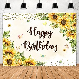 Aperturee 7x5ft Sunflowers Happy Birthday Backdrop Butterfly Gold Dots Girls Women Sweet 16th Bday Photography Background Party Decorations Photo Booth Studio Props Banner Supplies Cake Table