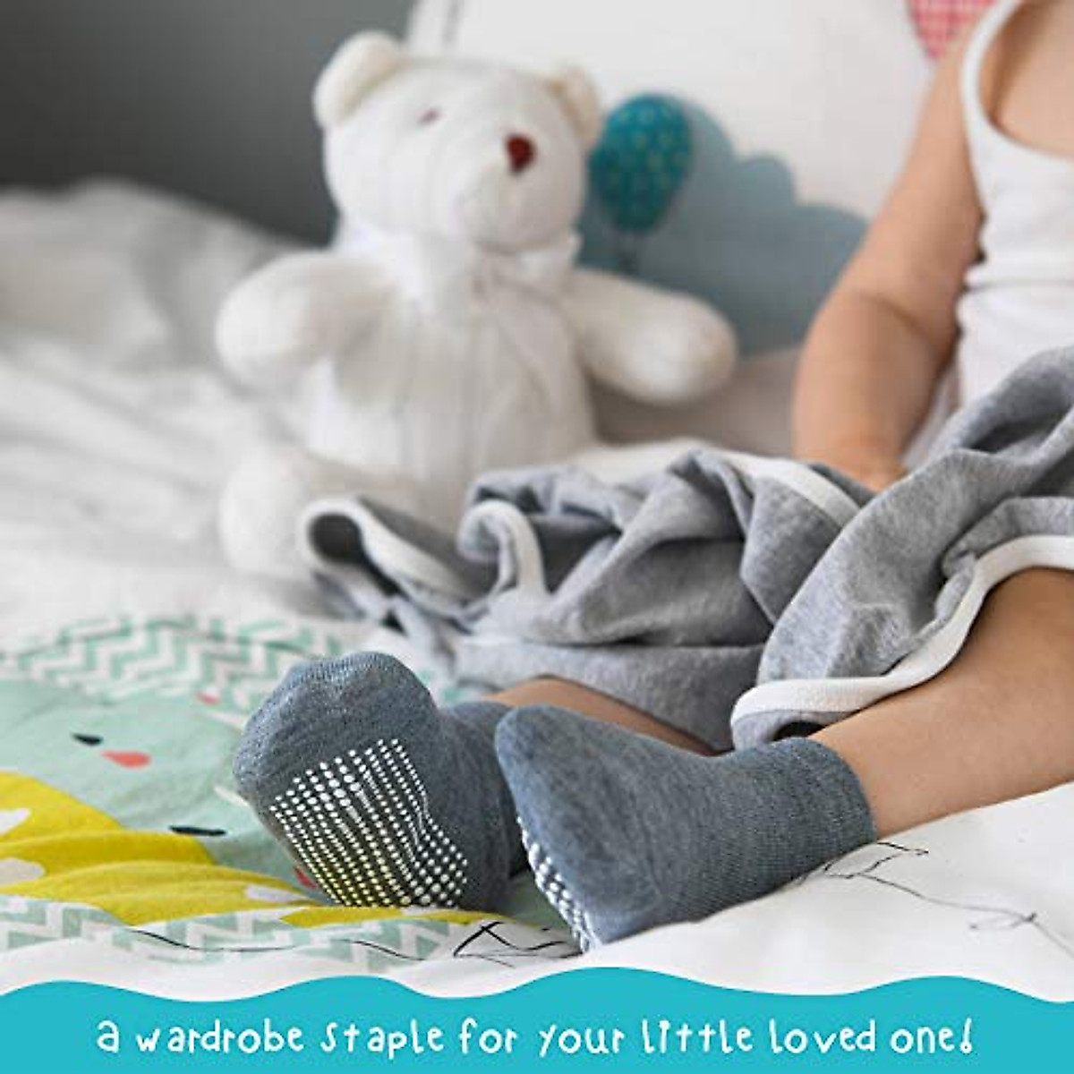 Debra Weitzner 12 Pairs Non-Slip Toddler Socks With Grips for Baby Boys and Girls Anti-Slip Crew Socks for Infant's Kids