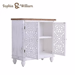 Sophia & William Accent Cabinet with 2 Doors, Distressed Storage Cabinet with Wood Frame and Hollow-Carved Door for Entryway Living Room, White