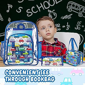 Eccliy Clear Backpack Stadium Approved Backpack 3 School Backpack for Girls Boys Christmas Clear Backpack Girls Boys Backpack (Blue, Car)