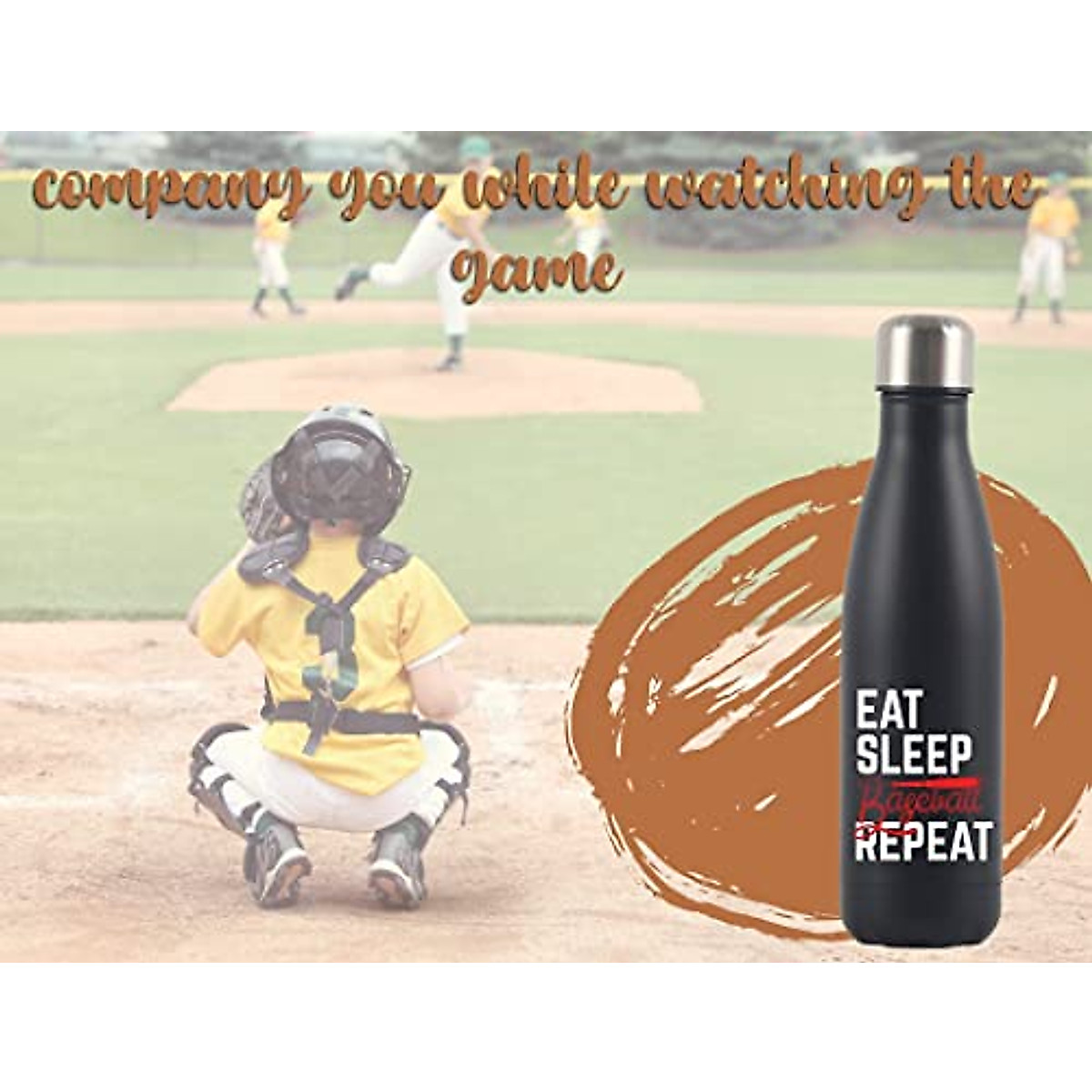 Onebttl Baseball Gifts for Boys, Eat Sleep Baseball Repeat, Stainless Steel 17Oz Water Bottle, Black