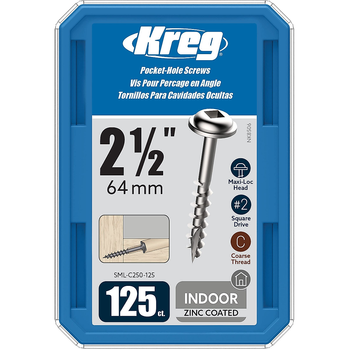 Kreg SML-C250-125 Zinc Pocket Screws, 2 1/2 Inch, #8 Coarse Thread, Maxi-Loc Head (125 Count)
