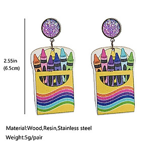 Cute Dangling Crayon Teachers Earrings for Women Handmade Funny Pencil Book Wood Drop Dangle Earrings Rainbow Lightweight Acrylic Reading Earrings Gifts -Style 1