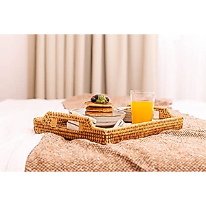 Hand-Woven Rattan Serving Tray with Handles for Breakfast, Drinks, Snack for Dining /Coffee Table (14.5 inch (37 cm), Rectangular)