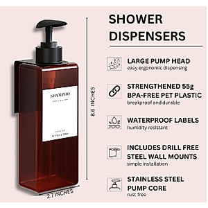 La Via Casa Shampoo and Conditioner Dispenser | 3 Plastic Amber 3 Wall Mount Black | Shampoo Dispenser with Waterproof Labels | No Drill | Shower Bottles Refillable with Pump