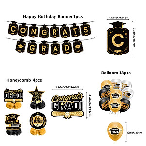 Graduation Decorations Class of 2024,Gold Themed Graduation Decorations Set,Class of 2024 Backdrop Banner,Graduation Hanging Swirl,Balloons and Honeycomb Supplies for Graduation Party (Gold)