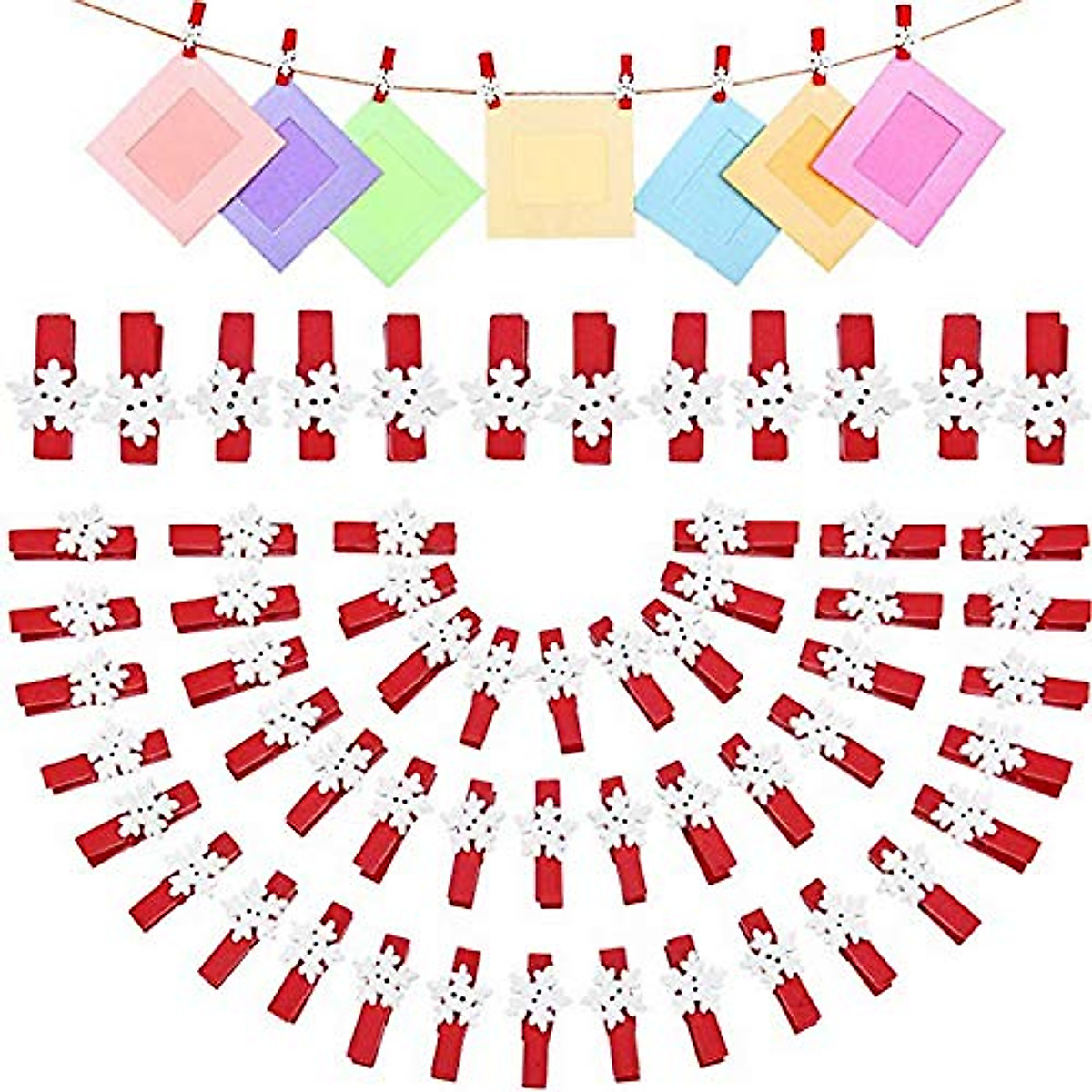 Souarts Pack of 50pcs Christmas Clips, Snowflake Red Wood Clothespins for Game Favors Craft, Wood Clips Set for Card Paper Photo Photography Activity (Red)