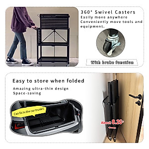 Lumizone 3-Tier Foldable Rolling Tool Cart with Wheels, Utility Cart with Pegboard for Garage Organizer and Tool Storage, Power Tool Storage Cart on Wheels (Tool Cart)