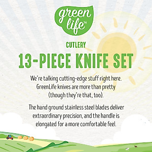 GreenLife High Carbon Stainless Steel 13 Piece Wood Knife Block Set with Chef Steak Knives and more, Comfort Grip Handles, Triple Rivet Cutlery, Turquoise