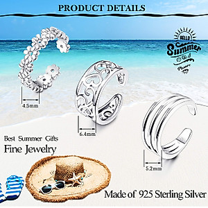 MILACOLATO 3Pcs 925 Sterling Silver Toe Rings for Women 18K White Gold Plated Daisy Cuff Band Open Toe Rings Adjustable Toe Rings Summer Beach Foot Jewelry