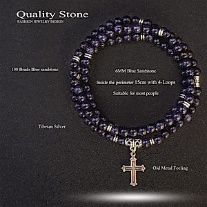 KS-WORKSHOP 108 Beads 6MM Wrap Bracelet for Women Handmade Stretch Long Chain Quality Stone Black Blue Sandstone Beaded Girls Charm Christ Pendant Semi-Precious Perfect Valentine's Gift Birthday