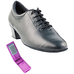 Very Fine Dance Shoes - Ladies Practice, Cuban Low Heel Ballroom Dance Shoes - 2601-1.5-inch Heel and Foldable Brush Bundle - Black Leather - 9