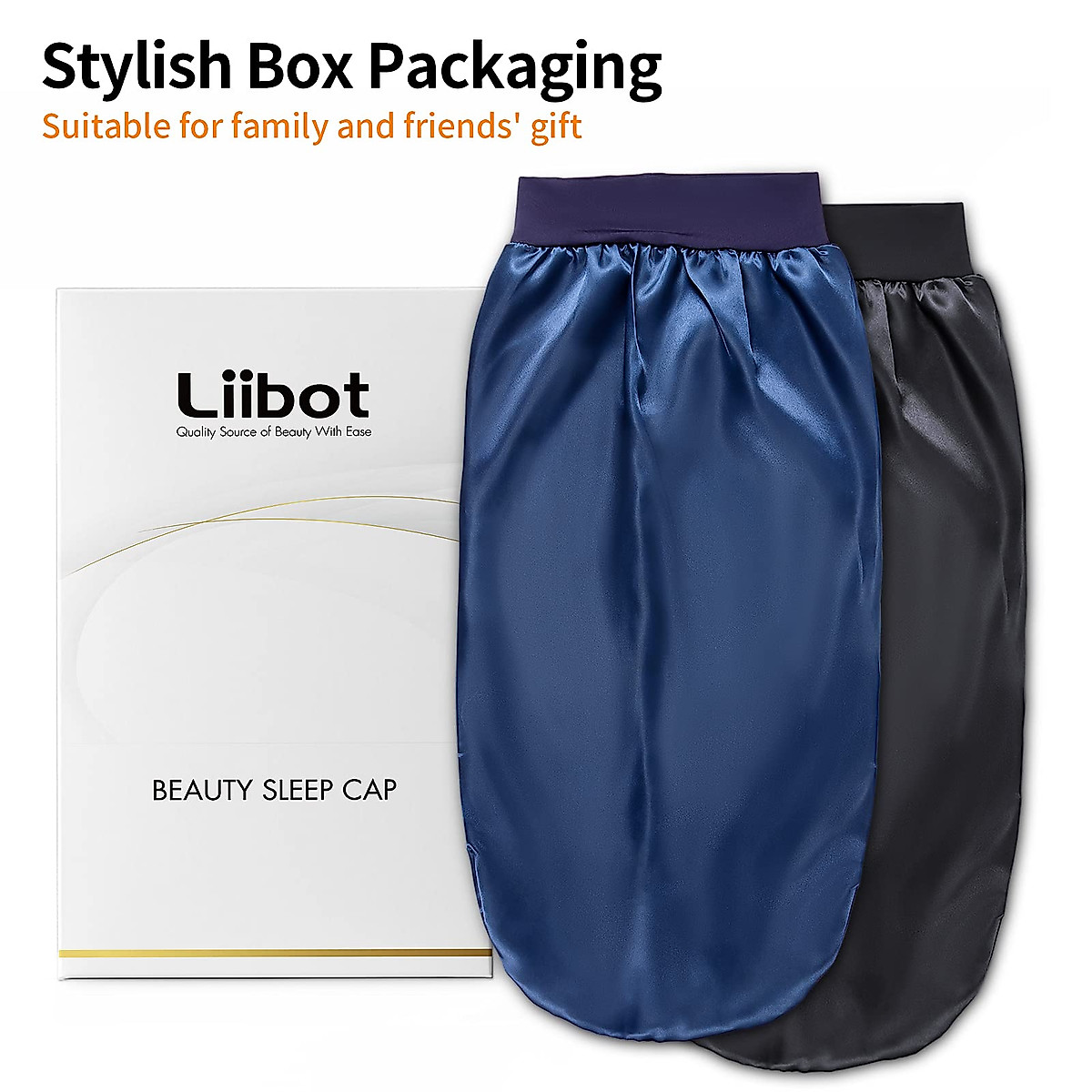 LIIBOT Long Silk-Satin Bonnet for Women - 2 PCS Large Night Cap for Curly Dreadlock Braid Hair (Black & Blue)