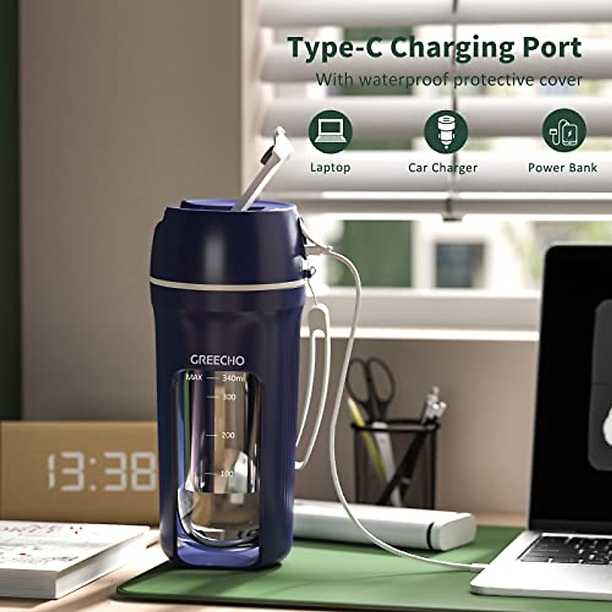 GREECHO Portable Blender, One-handed Drinking Mini Blender for Shakes and Smoothies, 12 oz Personal Blender with Rechargeable USB, Made with BPA-Free Material Portable Juicer, Space Blue