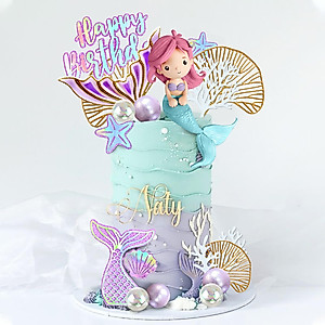DRWATE Mermaid Cake Toppers with 3D Mermaid Shell Starfish Fishtail Balls for Kids Girls Birthday Party Baby Shower Supplies (Style1)