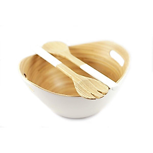 Purelite Modern Scandinavian Style Designer Salad and Fruit Bowl with Matching Salad Serving Set Made of Sustainable Bamboo | 12 inch