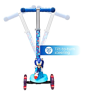 Sonic The Hedgehog 3D Kick Scooter for Kids, Self-Balancing 3 Wheeled Light Up Scooter with Extra Wide Anti-Slip Deck, Rear Brake, Lean to Steer, Lightweight Design, for Kids 3 and up, 75 LB Limit