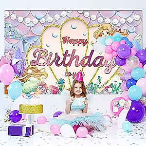 Mermaid Theme Happy Birthday Decorations Backdrop, Mermaid Birthday Backdrop Sign, Happy Birthday Banner, Photo Background for Girls, Birthday Party Supplies 70.8 x 43.3 inches