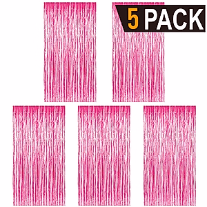 GOER 3.2 ft x 9.8 ft Metallic Tinsel Foil Fringe Curtains Party Photo Backdrop Party Streamers for Galentines Day,Birthday,Graduation,New Year Eve Decorations Wedding Decor (5 Packs,Hot Pink)