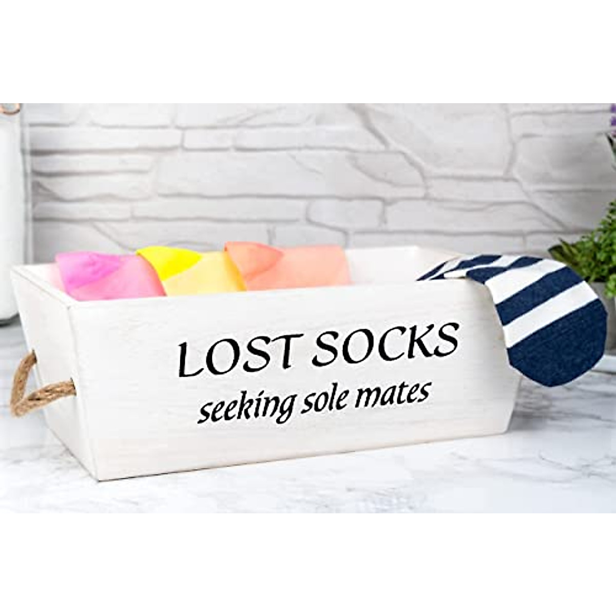 Lost Socks Basket for Laundry Room – White Laundry Basket, Wooden Farmhouse Laundry Hamper, Sock Bin, Laundry Room Storage Baskets for Shelves, Sock Basket from UpTrend Design