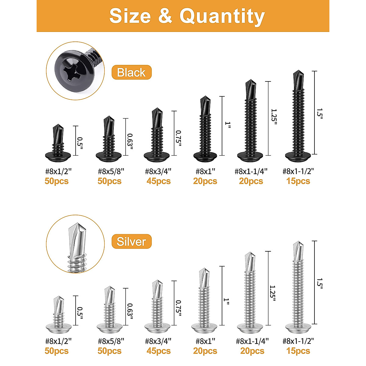 VIGRUE 410 Stainless Steel #8 X 1/2'' to 1-1/2'' Self Tapping Screw Assortment Kit, Modified Truss Head, 400pcs Self Tapping Screws for Metal, Black Oxide and Silver Stainless Steel