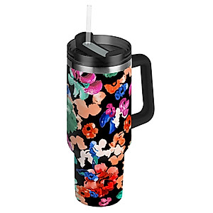 Yasala Car Tumbler with Handle Watercolor Rainbow Color Flower Travel Mug Coffee Cup Insulated Beverage Container Mega Cup for Hot Cold Drinking Thermos Water Bottle Cupholder Friendly 40 oz