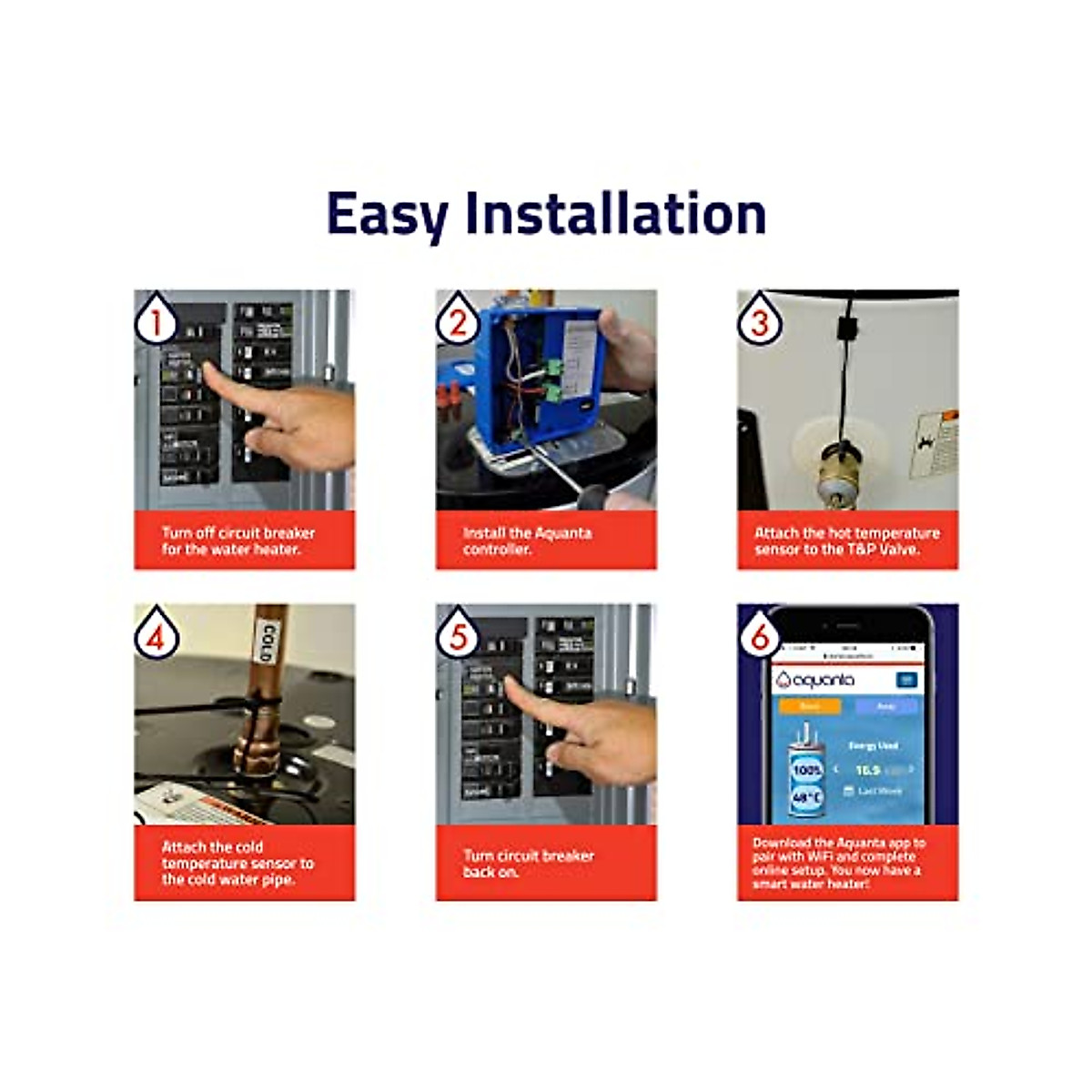 Aquanta Digital Water Heater Timer. Wifi Smart Water Heater Controller. Reduce Electricity Waste. Installs in Minutes, No Plumbing Required. For Electric Water Heater, Leak Sensor Included.