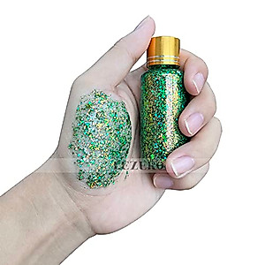 Holographic Laser Body Glitter Gel, Mermaid Sequins Face Glitter Makeup for Body, Hair, Face, Nail, Eyeshadow, Long Lasting Waterproof Party Glitter for Festival Stage Nightclubs, 1oz (Laser Green)