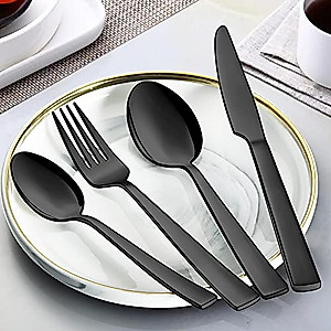 Wildone 40-Piece Black Silverware Set, Stainless Steel Flatware Square Cutlery Set Service for 8, Eating Utensils Include Knife Fork Spoon, Mirror Polished & Dishwasher Safe