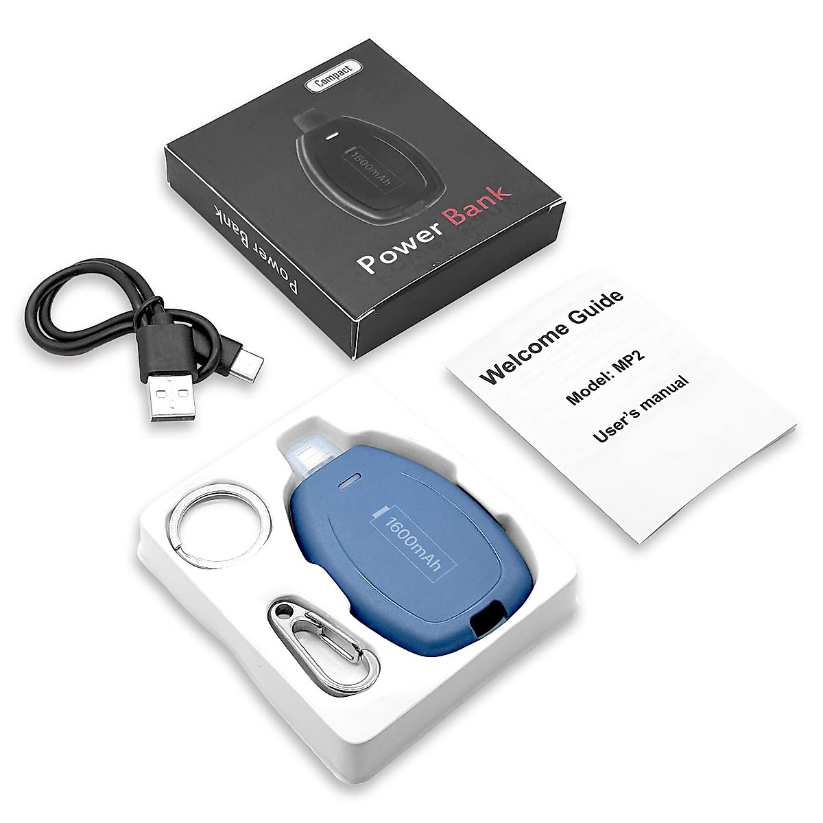 HUAENG USB C Keychain Portable Charger, 1600mAh Mini Type-C Power Emergency Pod Ultra-Compact External Battery Pack Power Bank for Samsung Andriod Key Ring Cell Phone Charger-Blue