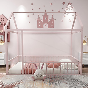 INDSUMOT Twin Size Montessori Floor Bed, Metal House Bed Frame with Fence Rails, Kids Playhouse Beds for Girls Boys Teens, Pink