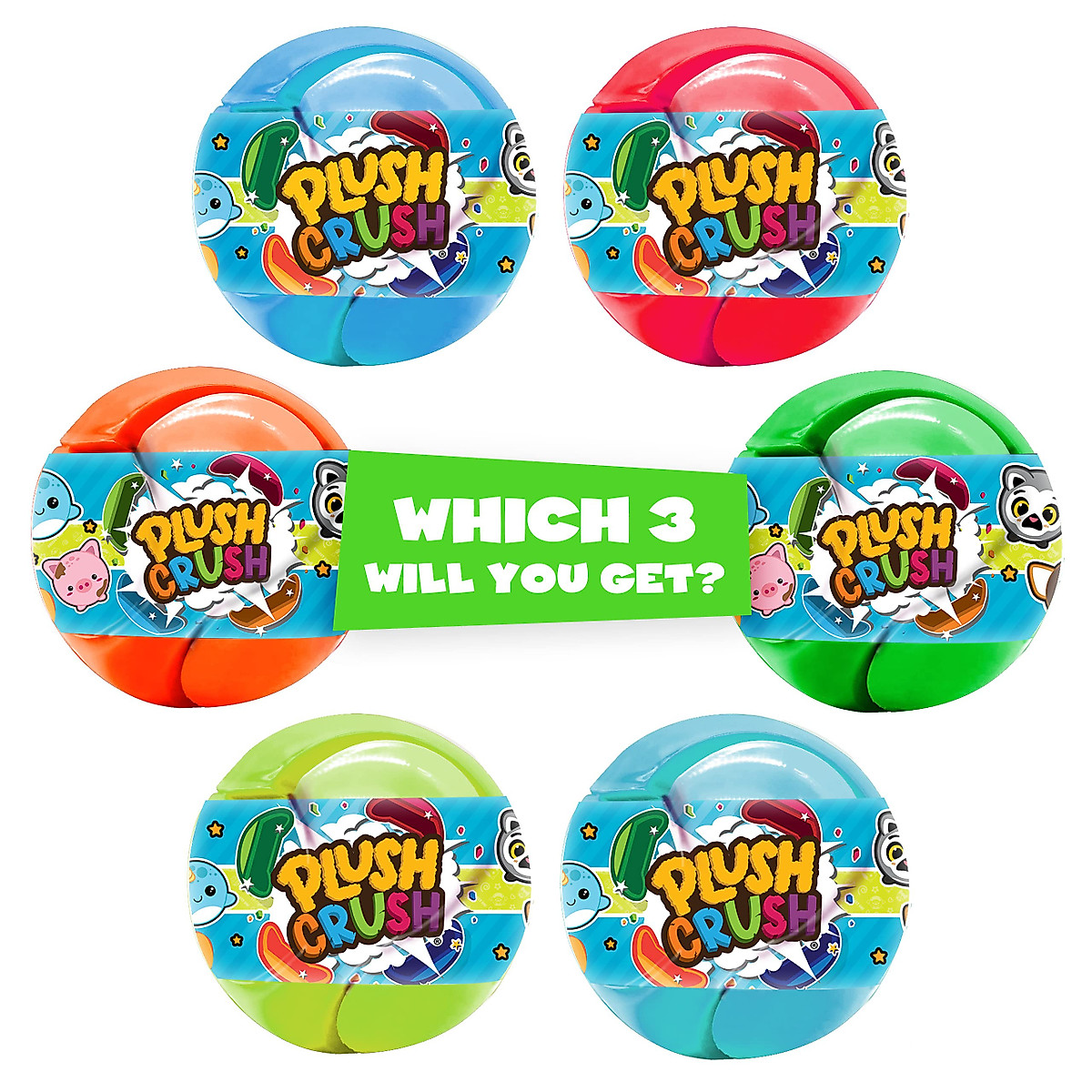 Plush Crush - Series 5 - Puzzle Ball (3-Pack), Surprise Collectible Character Bouncy Ball Plush Toy, Blind Bag by Scentco